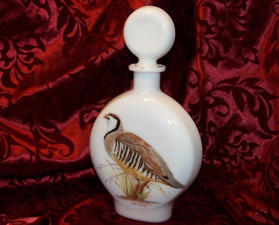 Chukar Partridge Field Birds, Singer, Milk Glass Decanter Bottle