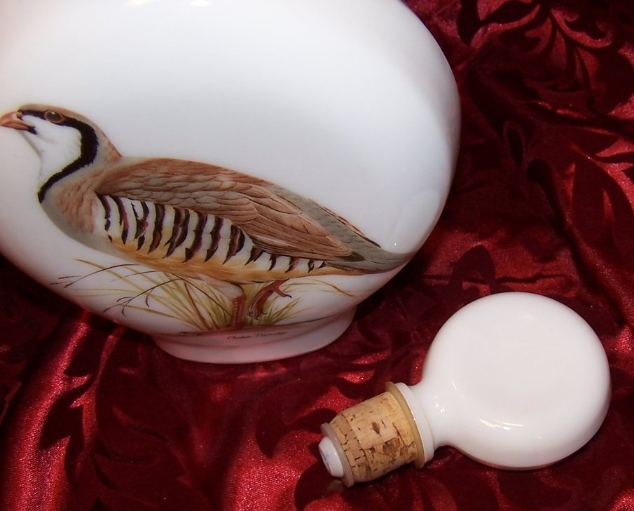 Chukar Partridge Field Birds, Singer, Milk Glass Decanter Bottle
