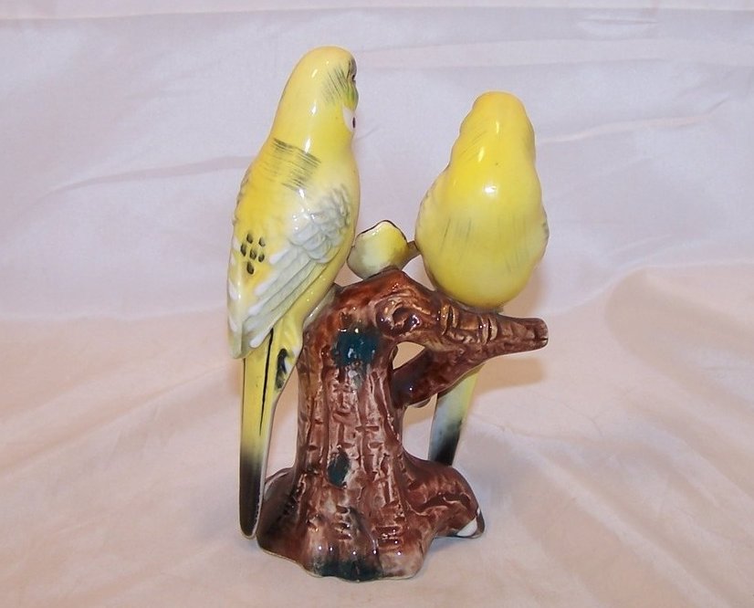 Perky Parakeet Pair Perched on Blooming Branches Figurine, Thames Japan ...