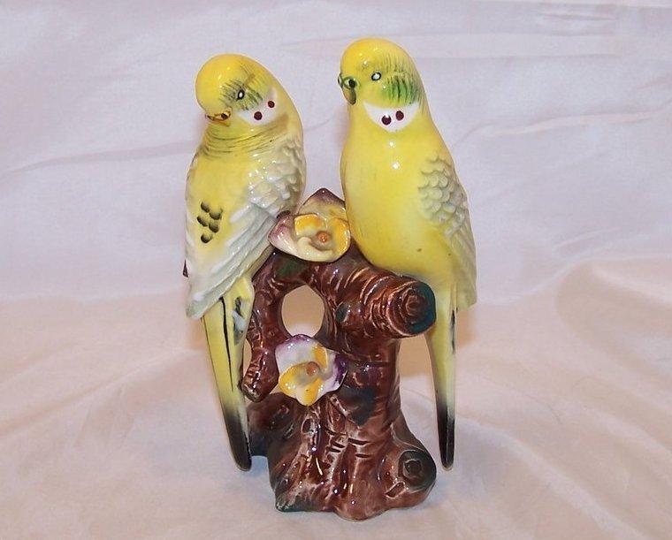 Perky Parakeet Pair Perched on Blooming Branches Figurine, Thames Japan ...