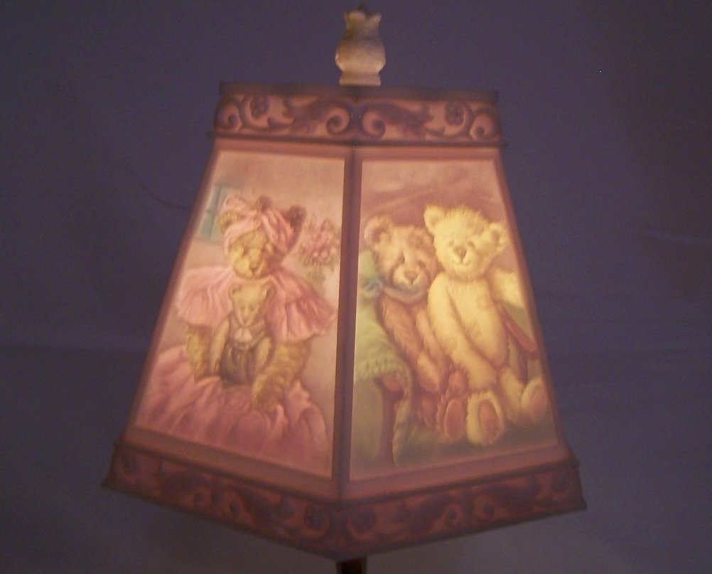 Teddy Bear Lamp w Bear Scene Shade, Nursery or Desk, Nightlight Night Light