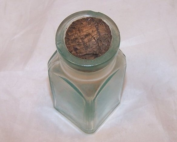 Square Clear Aqua Glass Bottle w Cork Stopper, Vintage