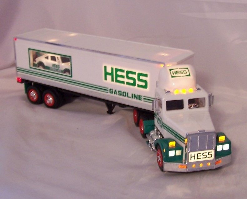 Hess Toy Truck, Box Trailer Truck w Friction Race Car, Light Up