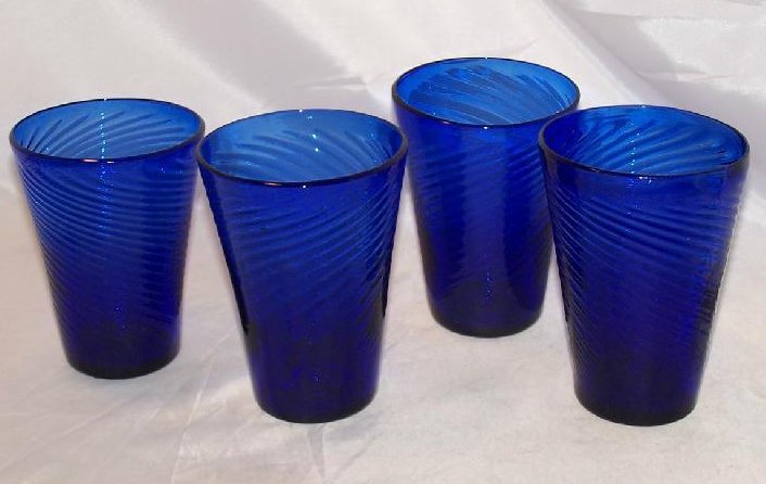 Cobalt Blue Handblown Glass Cup, Tumbler Set w Gentle Swirl
