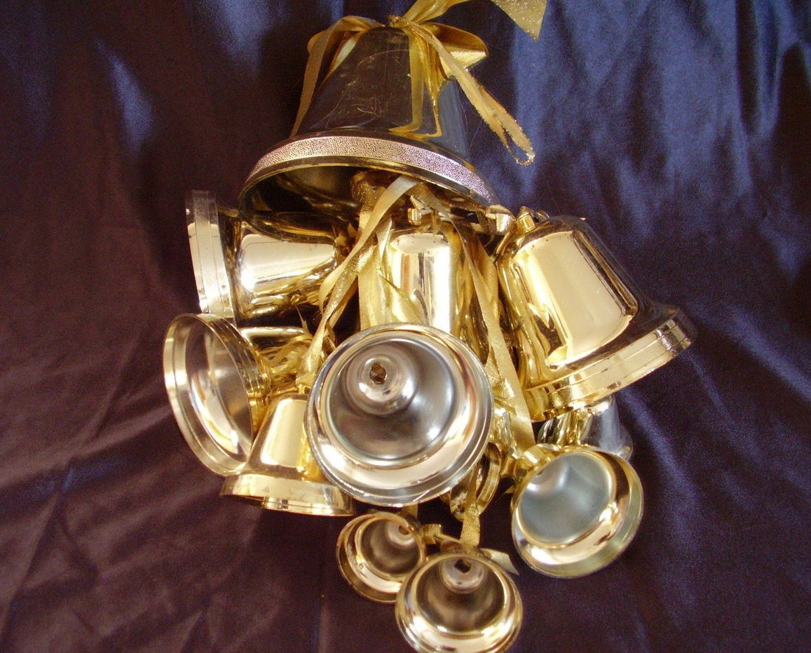 Christmas Hanging Gold Plastic Bells Set of 16