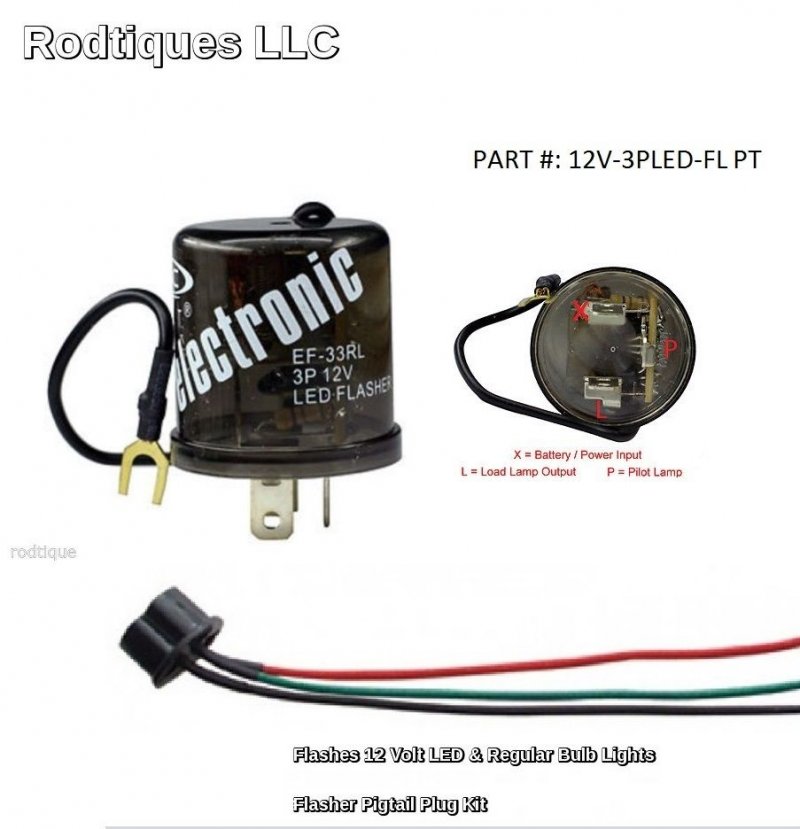3 Prong 12 Volt Flasher + Pigtail Plug Flashes All Lights
