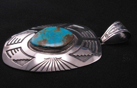 Old Style Navajo Silver Overlay Turquoise Pendant, Charlie Bowie