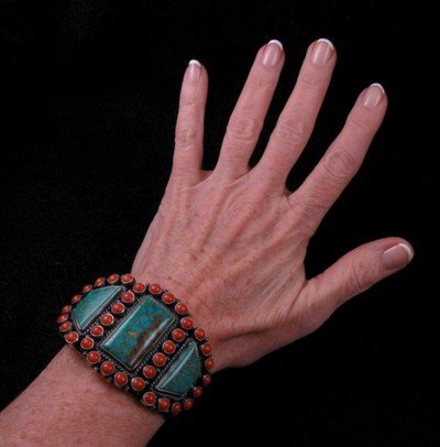 Kirk Smith Navajo Pilot Mtn Turquoise Coral Sterling Silver Bracelet