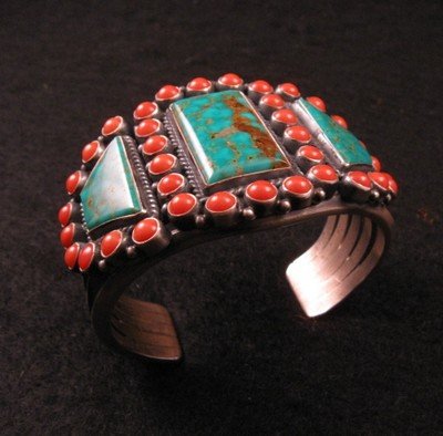 Kirk Smith Navajo Pilot Mtn Turquoise Coral Sterling Silver Bracelet