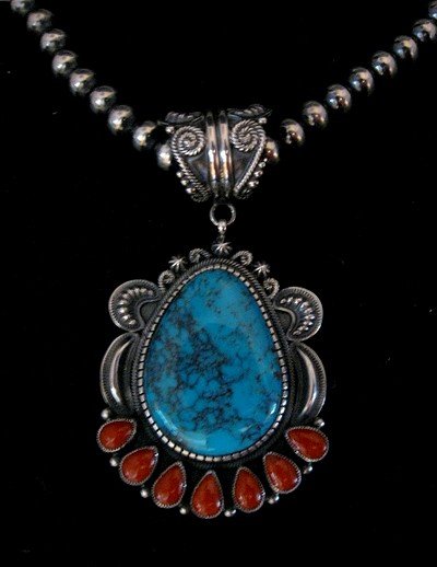 Navajo Kirk Smith Pilot Mountain Turquoise Coral Pawn Style Pendant