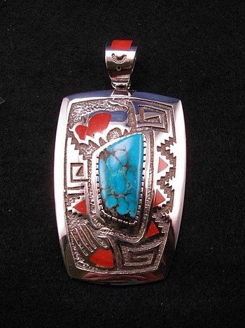 Michael Perry Navajo Turquoise & Coral Silver Overlay Pendant
