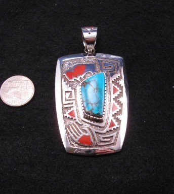 Michael Perry Navajo Turquoise & Coral Silver Overlay Pendant