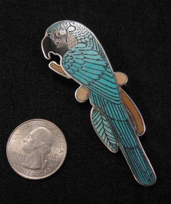 Zuni Turquoise Macaw Parrot Pin/Pendant by Harlan Coonsis, Zuni