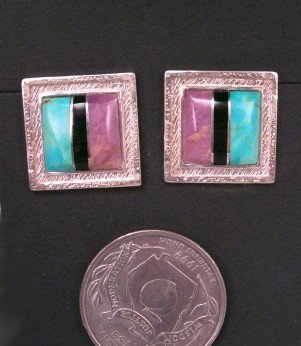 Hopi Raised Inlay Sun Solstice Earrings, Bennard & Frances Dallasvuyaoma