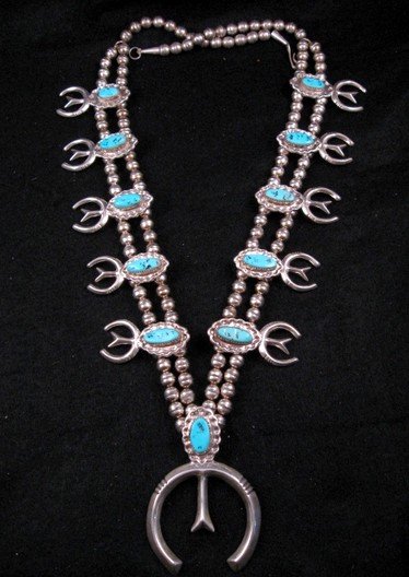 Navajo Dead Pawn Turquoise Silver Squash Blossom Necklace