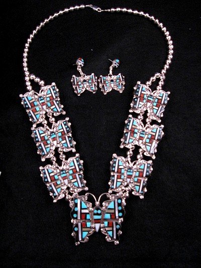 Herbert & Esther Cellicion Zuni Butterfly Squash Necklace & Earrings