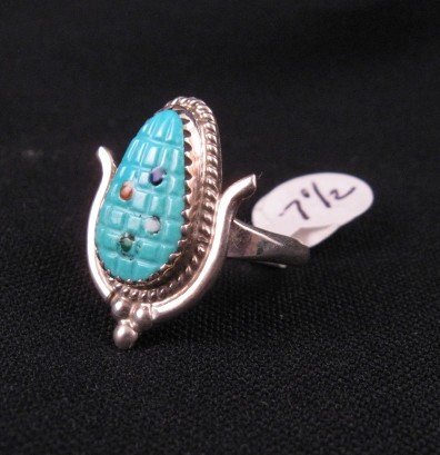 Zuni Bev Etsate Carved Turquoise Corn Ring sz7-1/2