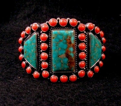 Kirk Smith Navajo Pilot Mtn Turquoise Coral Sterling Silver Bracelet