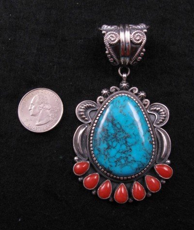 Navajo Kirk Smith Pilot Mountain Turquoise Coral Pawn Style Pendant