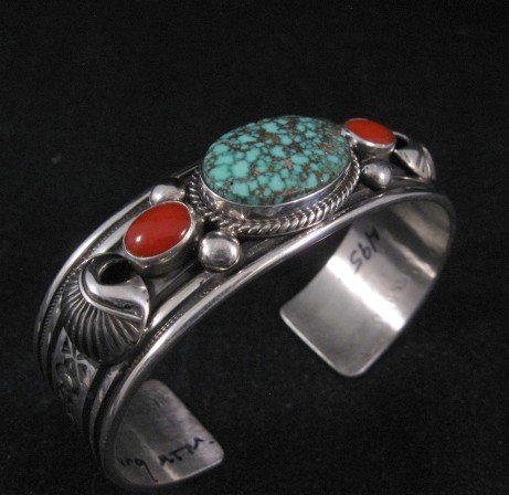 Navajo Turquoise Coral Silver Bracelet by Albert Jake