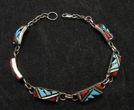 Zuni Native American Inlaid link Bracelet, Clarence Booqua