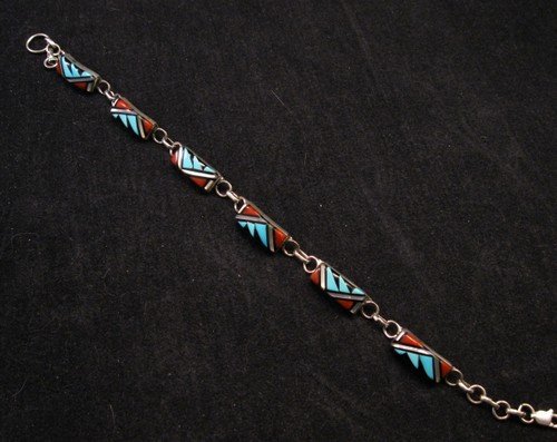 Zuni Native American Inlaid link Bracelet, Clarence Booqua