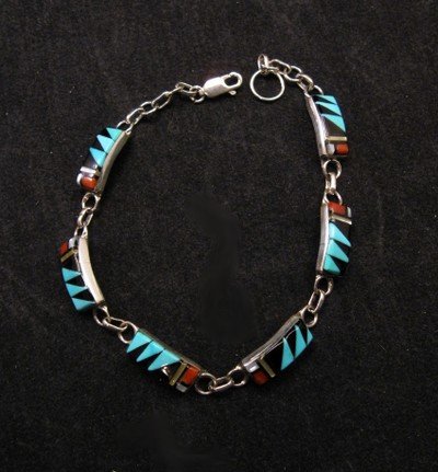 Delicate Zuni Multigem Inlaid link Bracelet, Clarence Booqua