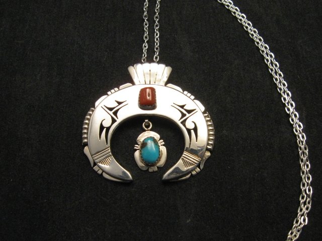 Navajo Turquoise Coral Silver Naja Pendant Necklace Nelson Morgan