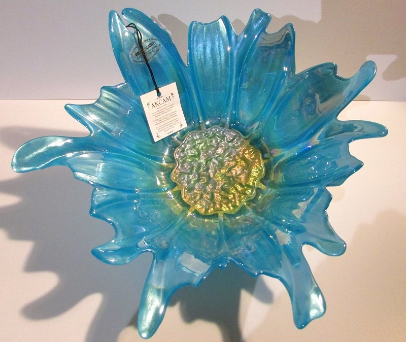 Akcam Turkish Art Glass Decorative Bowl Iridescent Blue and Gold 12 ...