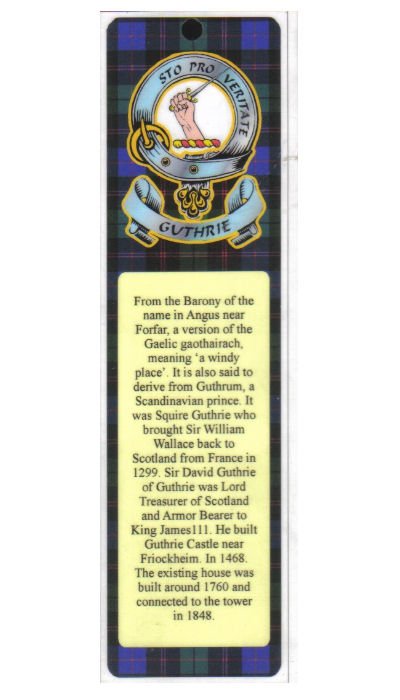 Guthrie Clan Badge Clan Guthrie Tartan Laminated Bookmark