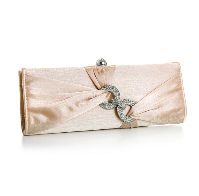 Champagne Pleated Satin Rhinestone Circle Accents Evening Bag Bridal Purse