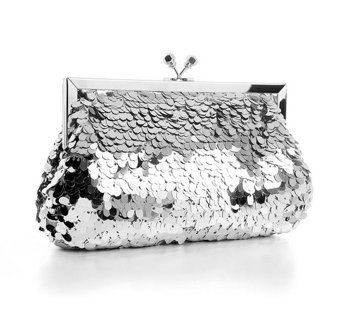 Shimmering Silver Oval Paillete Sequins Evening Bag Bridal Purse