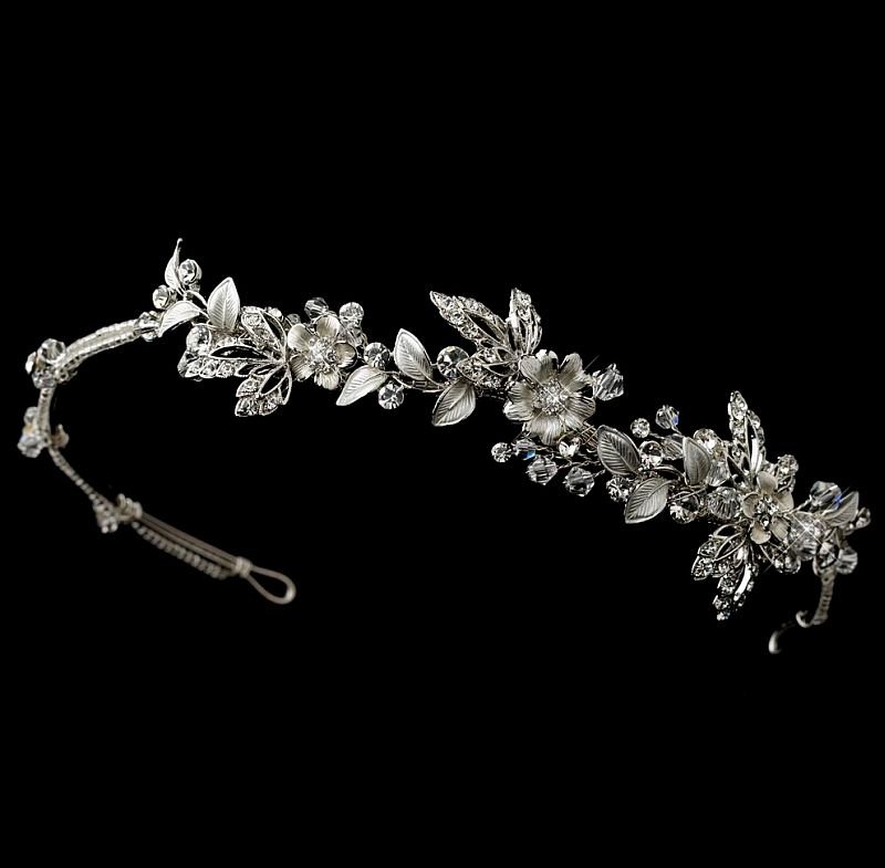 Silver Rhinestone Crystal Floral Offset Wedding Bridal Headband