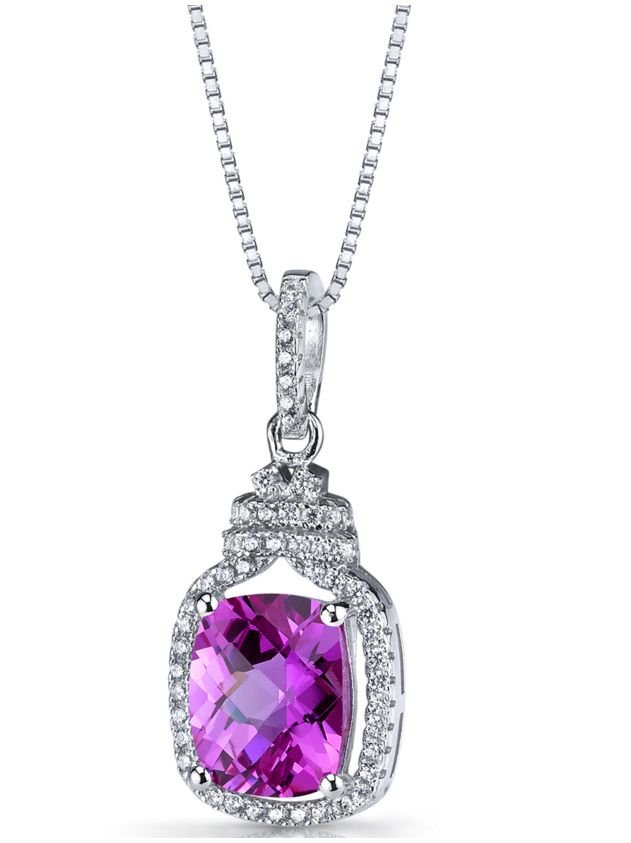 Pink Sapphire Cushion Cut Cubic Zirconia Halo Crown Sterling Silver Pendant