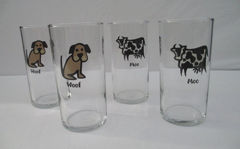 Animal Drinking Glasses, Set/4, Dogs and Cows