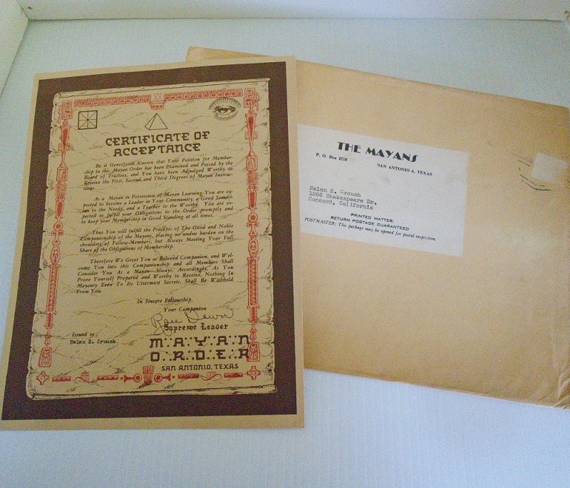 Mayan Order Certificate of Acceptance, 1950s Helen Crouch