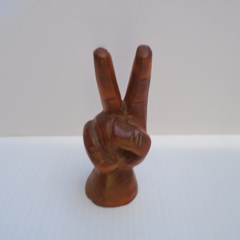 Carved Peace Sign Hand, 4.75 inches tall, Brown