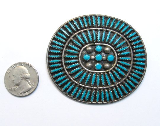Big Vintage Zuni Needlepoint Turquoise Pin, JB Yazzie
