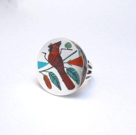 Zuni Native American Jewelry Inlaid Cardinal Ring sz8-1/4, Harlan Coonsis