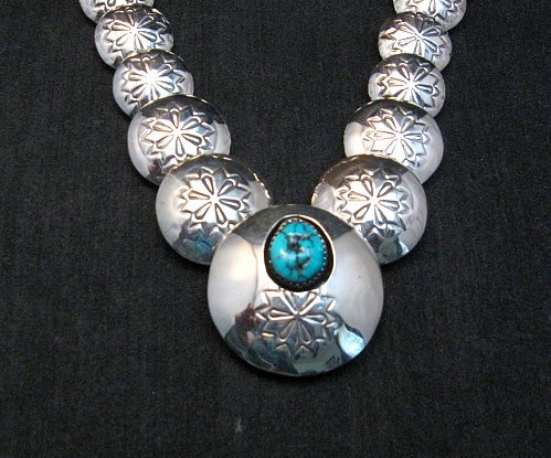 Navajo Native American Hollow Silver Disk Bead Turquoise Necklace Earrings
