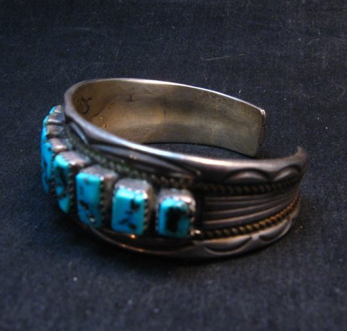 Vintage Dead Pawn Navajo Turquoise Silver Row Bracelet, Thomas Tso