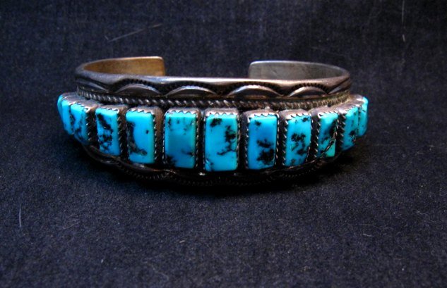 Vintage Dead Pawn Navajo Turquoise Silver Row Bracelet, Thomas Tso
