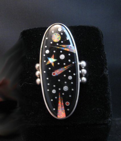 Long Navajo Inlaid Starry Night Sky Ring, Matthew Jack, sz10-1/4
