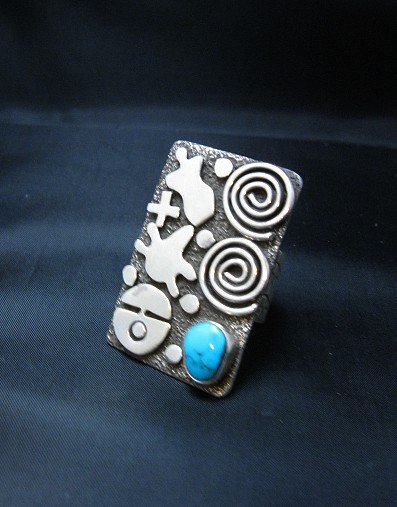 Alex Sanchez Navajo Petroglyph Turquoise Silver Ring sz7, Native American