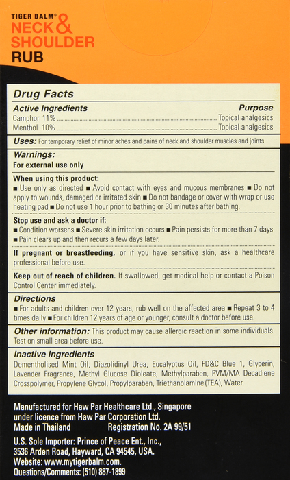 Tiger Balm Neck & Shoulder Rub Cream 1 76oz By Prince of Peace