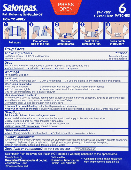 Pack of 12-Salonpas Hot Pain Relieving Gel Patch - 6 Pack By Hisamitsu USA