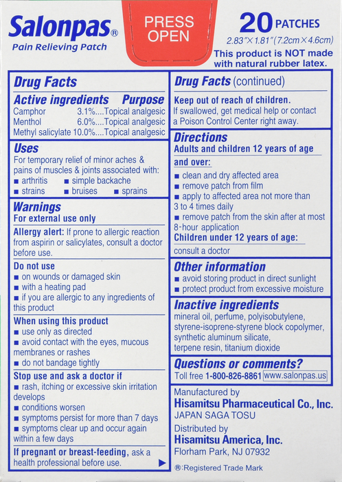 Pack of 12-Salonpas Pain Relieving Patch - 20 Count By Emerson Health ...