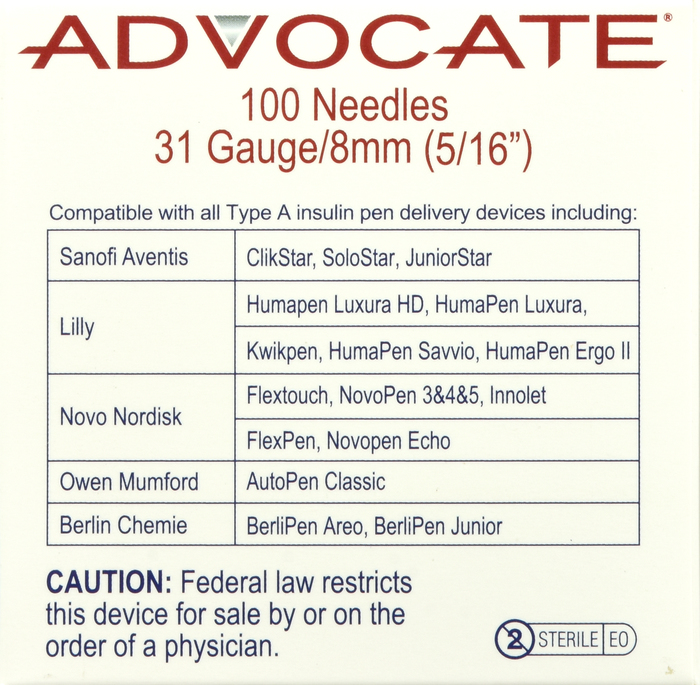 Advocate Pen Needle 31 Gx5/16 8MM 100 By Pharma Supply