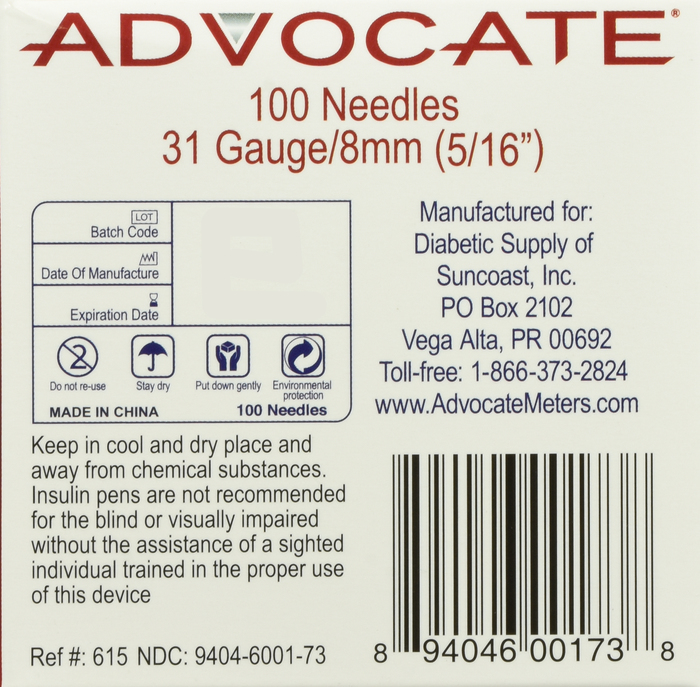 Advocate Pen Needle 31 Gx5/16 8MM 100 By Pharma Supply