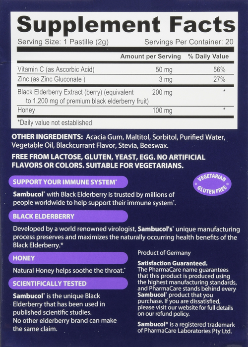 Sambucol Black Elderberry Pastilles 20 Count By Pharmacare USA